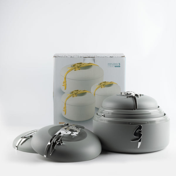 Liqa’a Food Thermos Set (3-Piece) Grey & Silver | Elegant Warm Serve ...